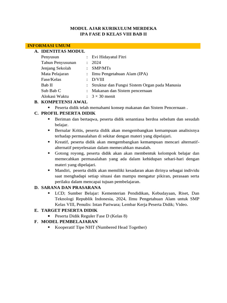 Modul Ajar IPA Kelas VIII: Sistem Pencernaan | PDF | Career & Growth ...