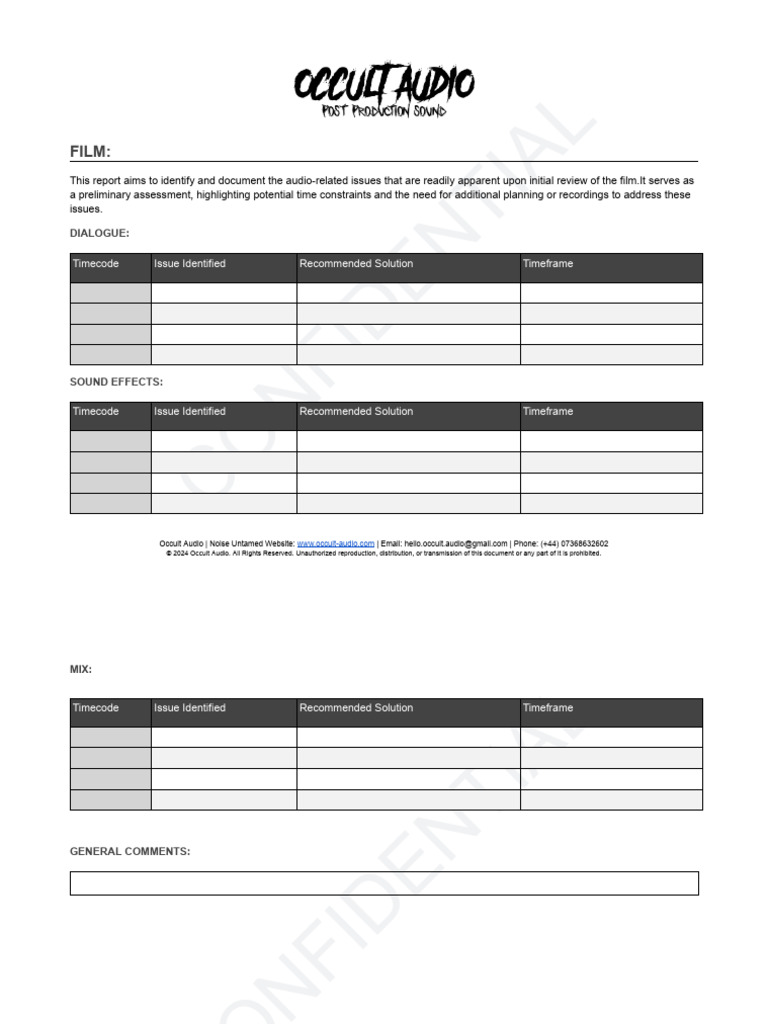 Film Audio Report (Blank Master) | PDF
