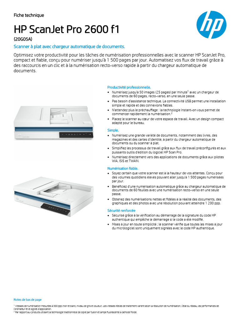HP Scanjet Pro 2600 F1: Productivité Professionnelle | PDF