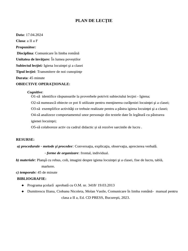 Plan de Lectie Igiena Locuintei Final | PDF