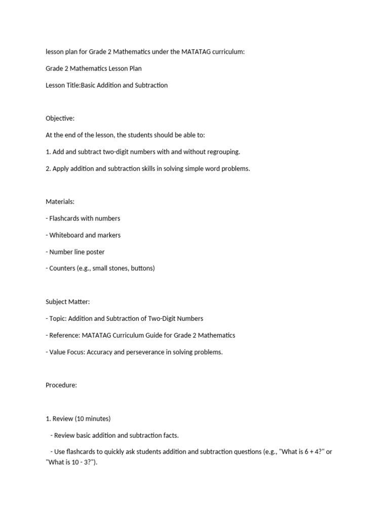 Lesson Plan Mathematics in MATATAG CURRICULUM | PDF
