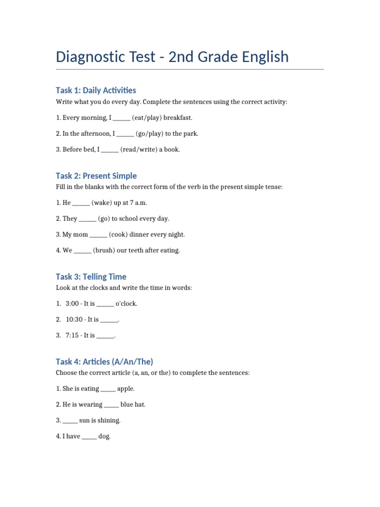 2nd Grade English Diagnostic Test | PDF