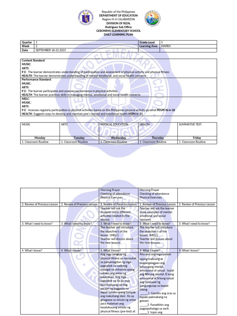 Daily-Learning-Plan-Format-MAPEH Q1W2 | PDF