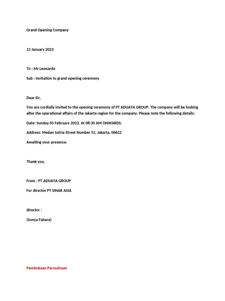 Company Opening Invitation Letter | PDF