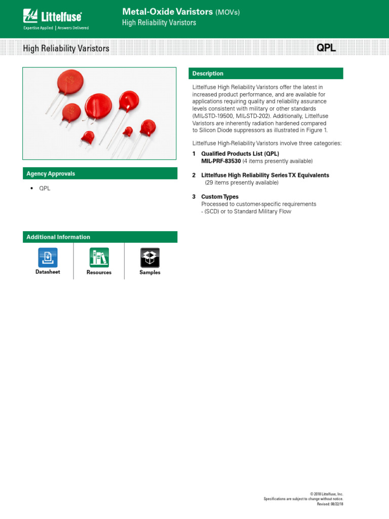 Littelfuse Varistor High Reliability Datasheet PDF | PDF
