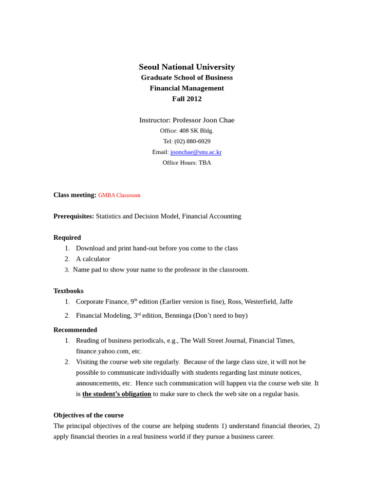 Financial Management - Syllabus - GMBA | PDF