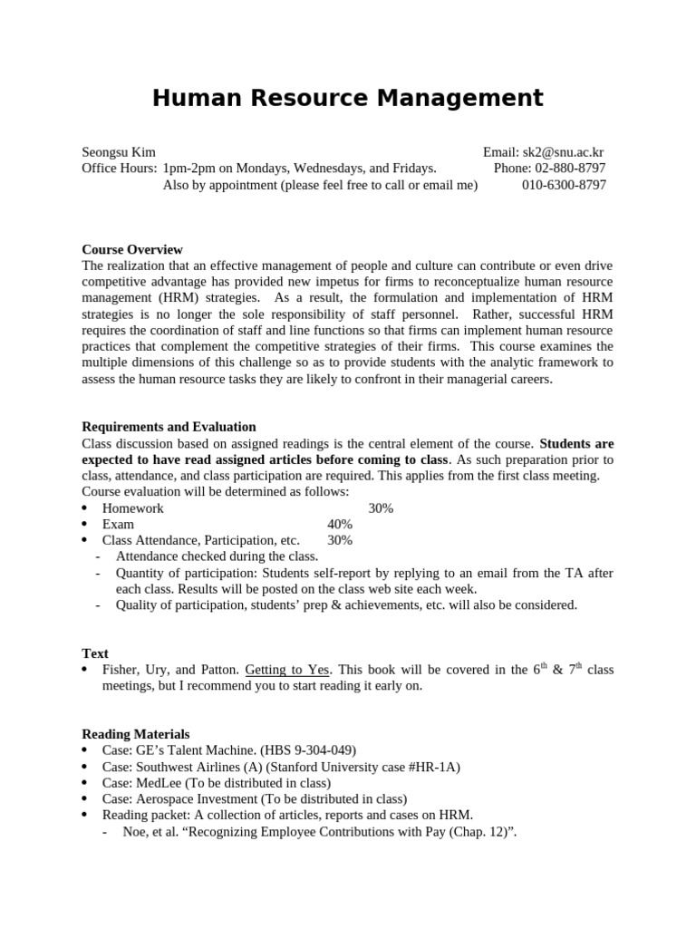 Human Resource Management - Syllabus - GMBA | PDF