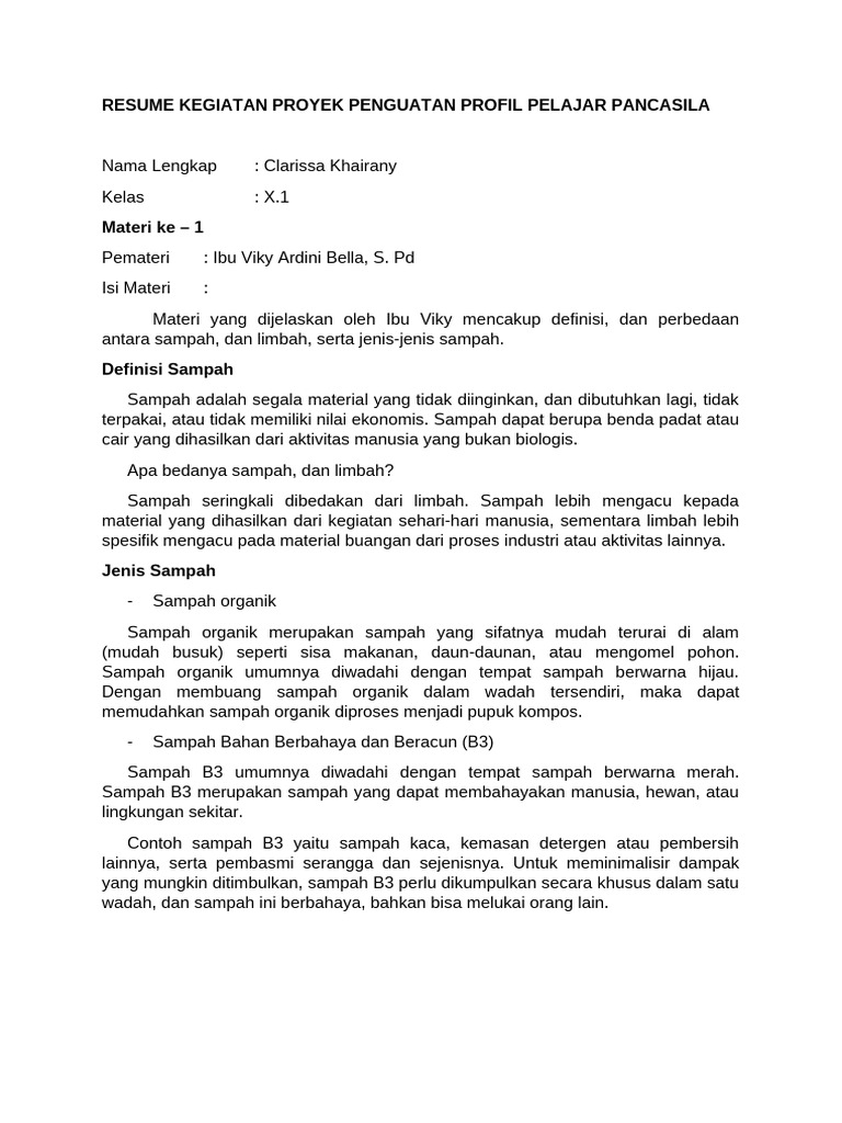 Resume Kegiatan Proyek Penguatan Profil Pelajar Pancasila | PDF