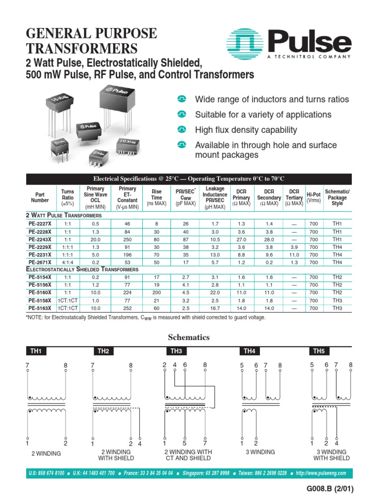 General Purpose Transformers: 2 Watt Pulse, Electrostatically Shielded ...