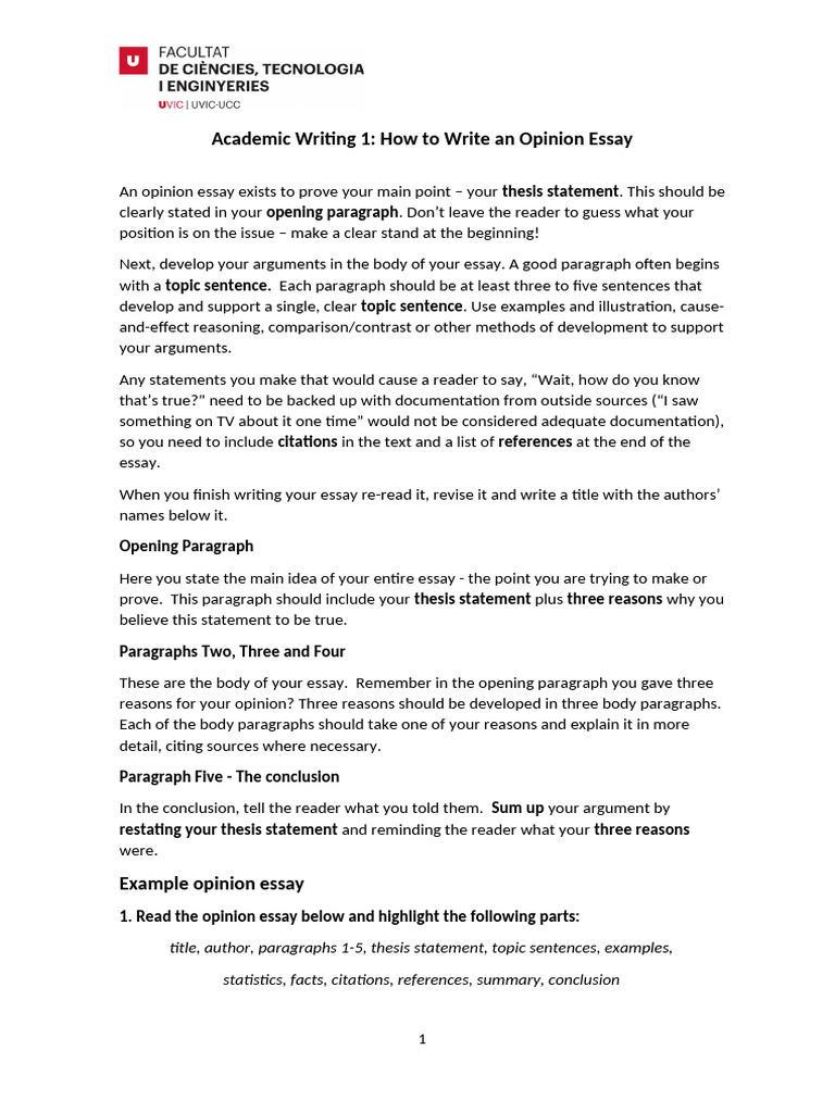 Writing 1 An Opinion Essay 2024 Revised | PDF