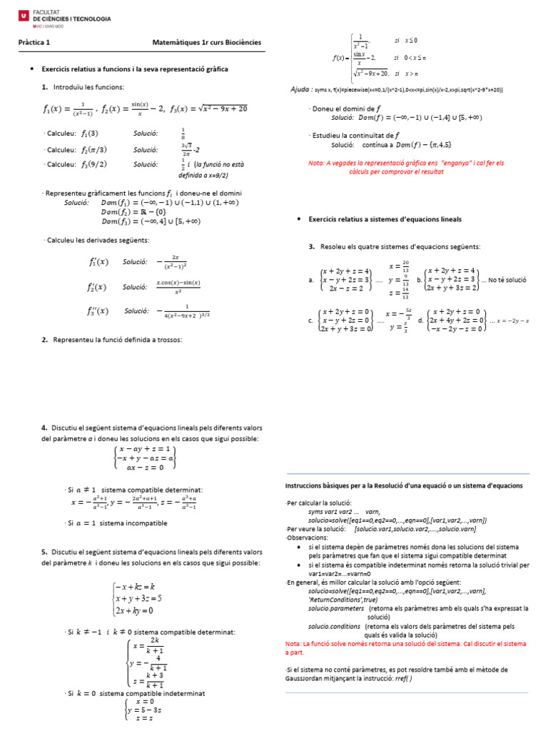 Pràctica 1. Funcions I Sistemes Equacions Lineals | PDF