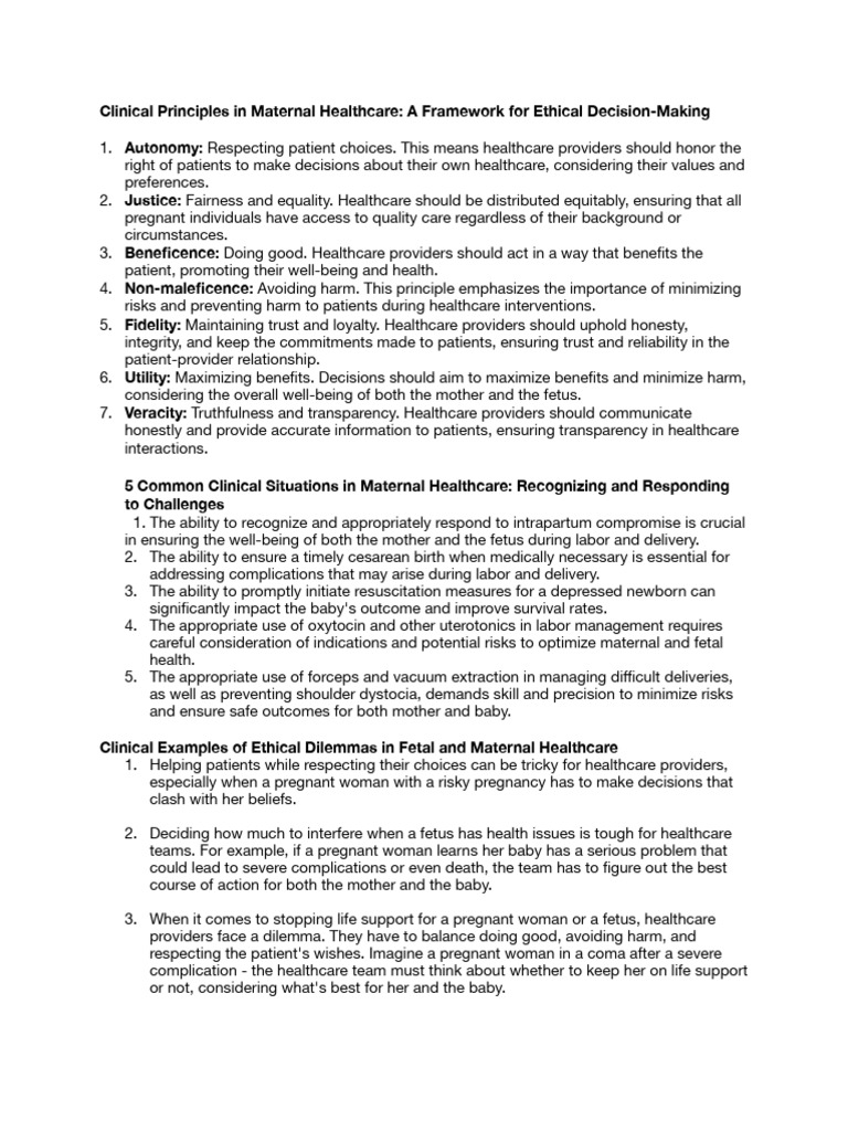Clinical Principles in Maternal Healthcare A Framework For Ethical | PDF