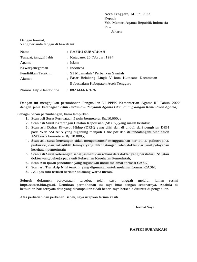 Surat Lamaran Pppk Dan Permohonan Pdf