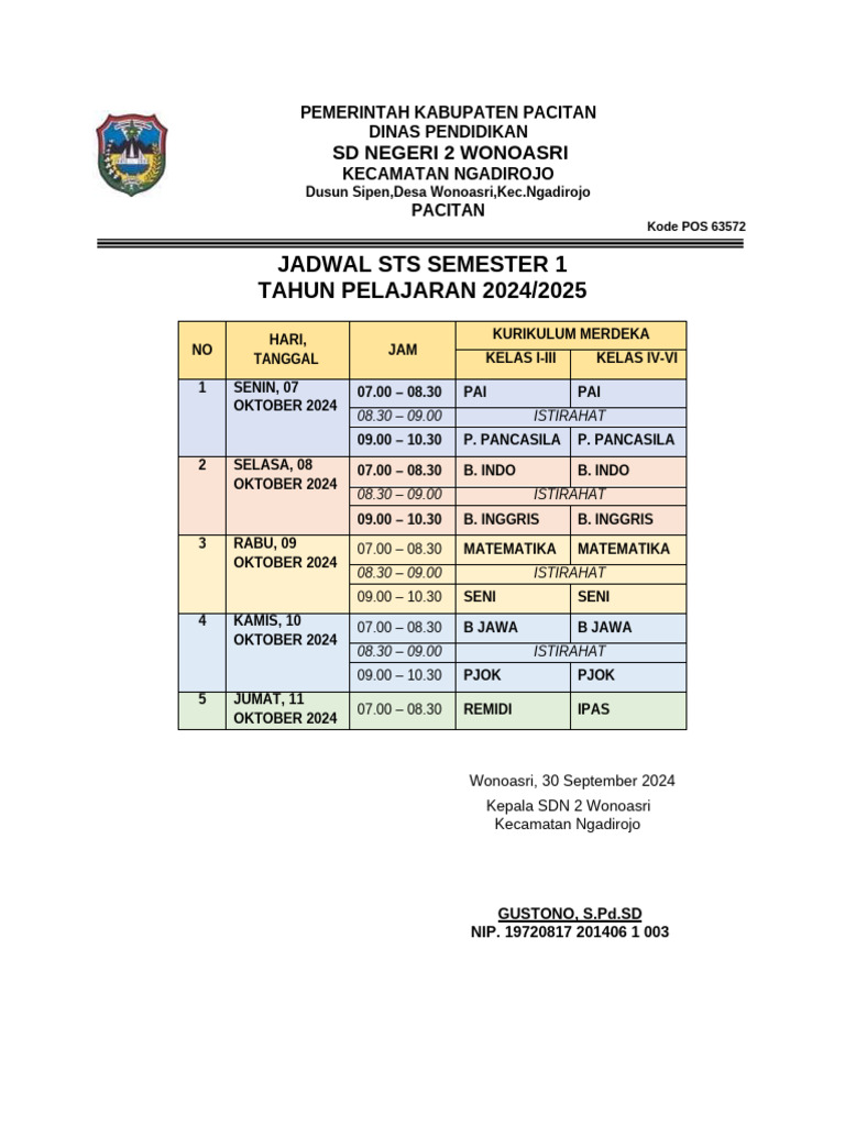 JADWAL STS SMT 1 TP 24-25 | PDF
