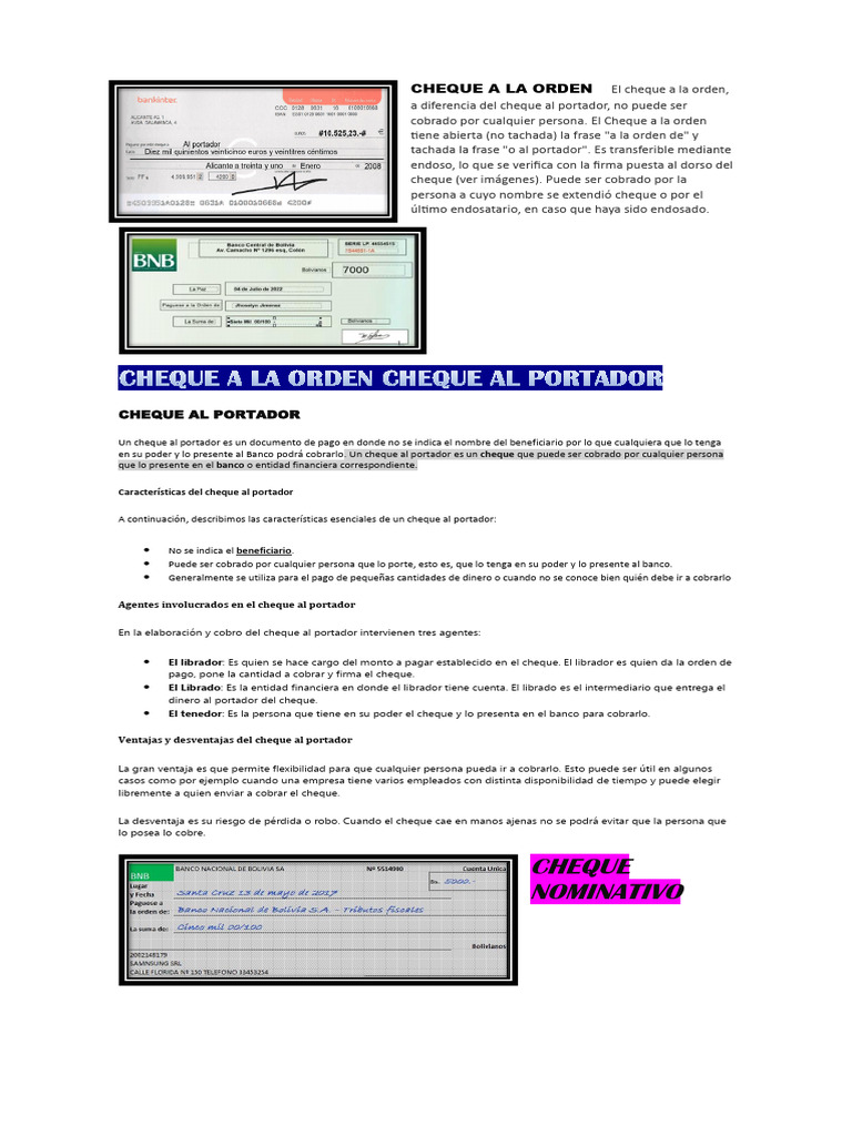 Cheque a la Orden: Definición y Uso | PDF | Cheque | Bancos