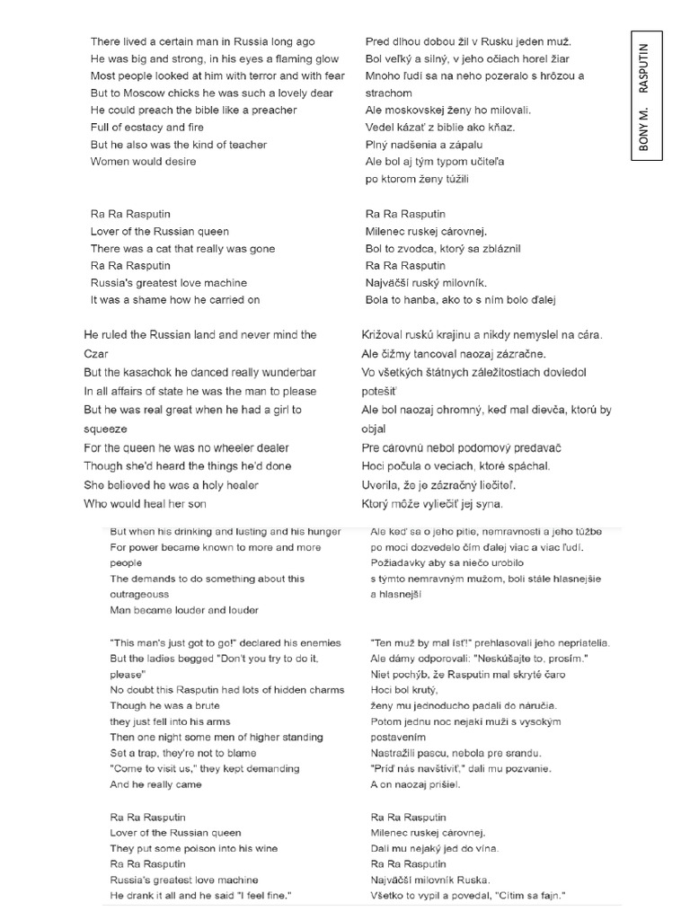 Rasputin - Bony M. - Text A Preklad | PDF Rasputin - Bony M. - Text A Preklad | PDF