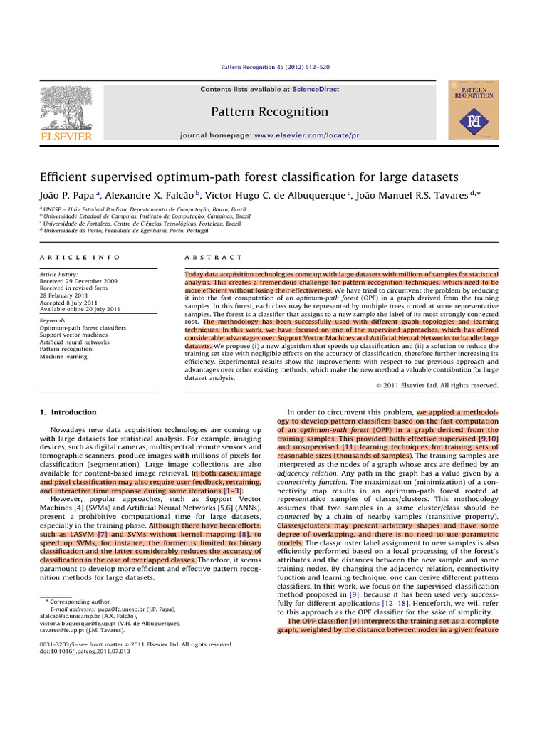 Ef Cient Supervised Optimum Path Forest Classi Cation For Large Datasets Pdf