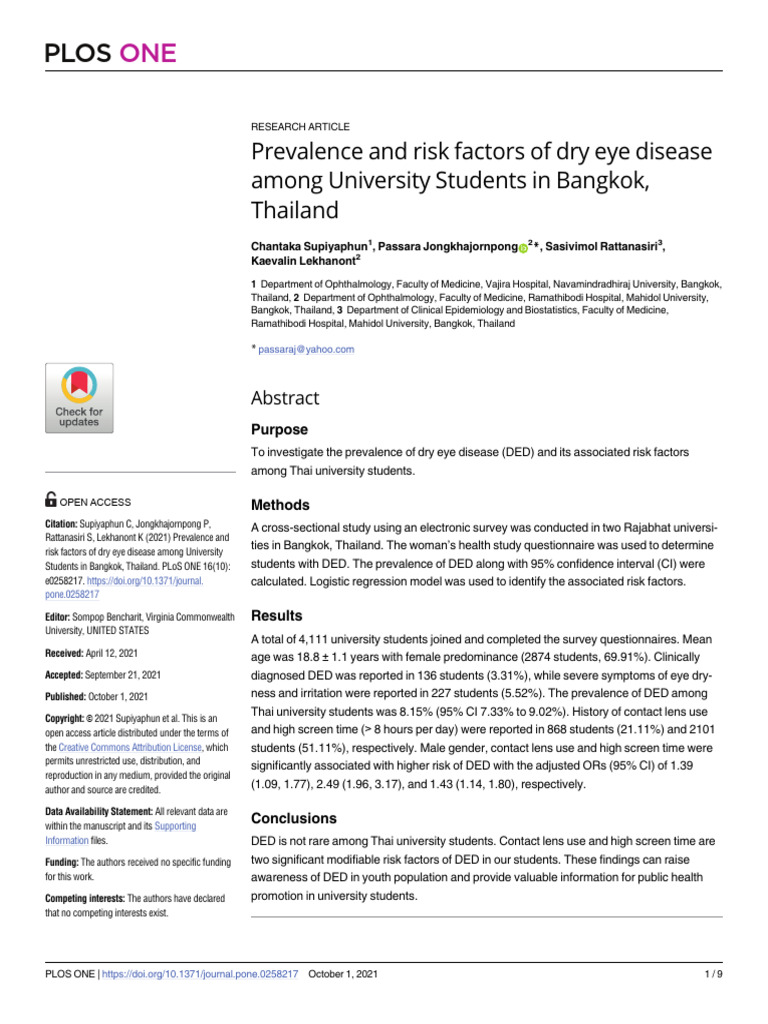 Prevalence and Risk Factors of Dry Eye Disease Amo | PDF