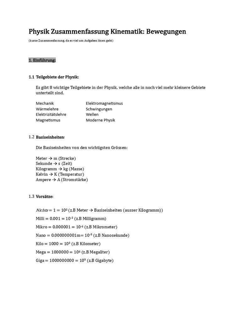 Physik Zusammenfassung Kinematik Bewegungen 1 | PDF