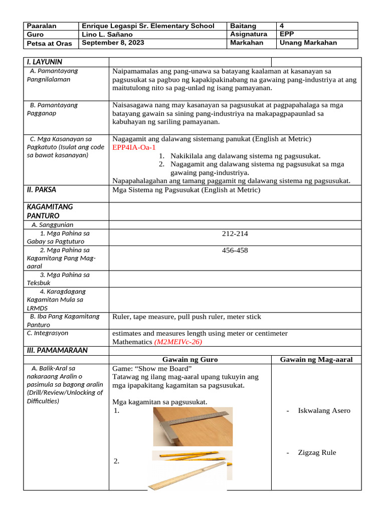 DLP EPP 4 Kagamitan Sa Pagsusukat | PDF