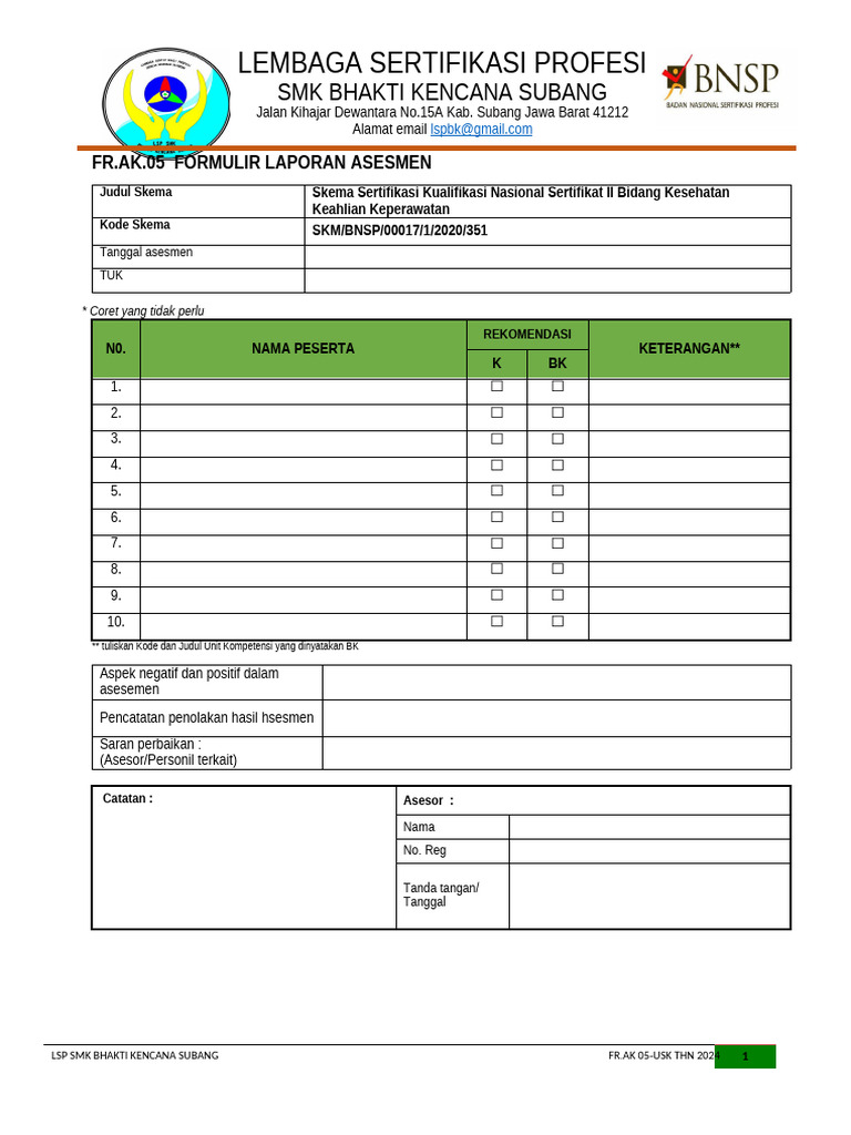 FR - Ak-05 Form Lap Asesmen - Kep | PDF