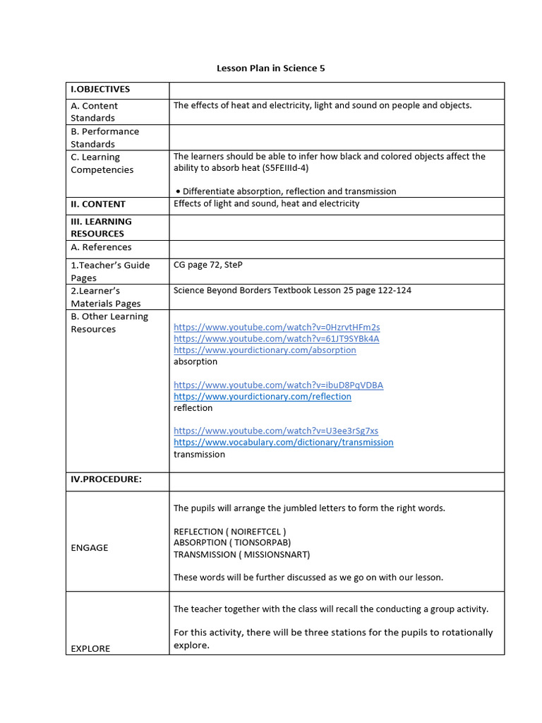 Lesson in Cot - SCIENCE | PDF