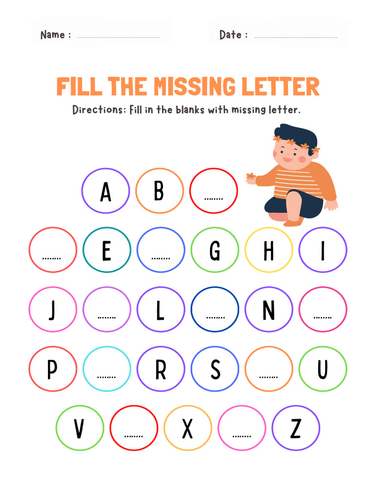 Colorful Simple Fill in Missing Alphabet Letters Worksheet | PDF