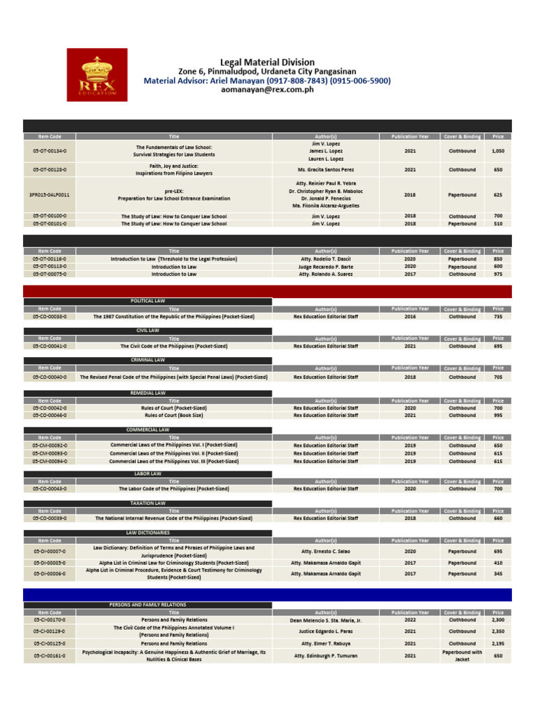 Rex Education REX Book Store Law Books Pricelist As of 30 September ...