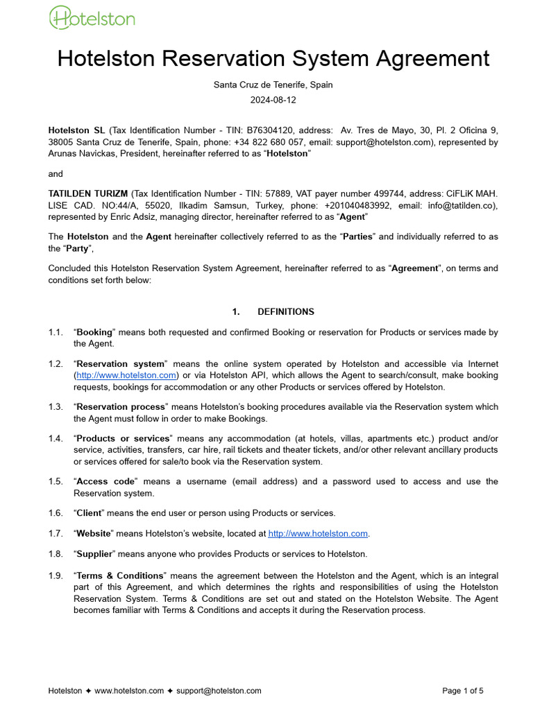 Hotelston Reservation System Agreement | PDF