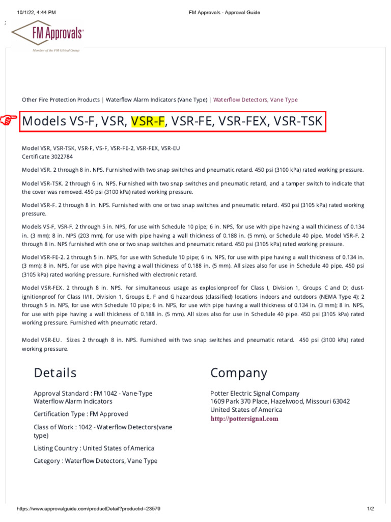 FM Approvals - Flow Switch VSR-F - Potter | PDF