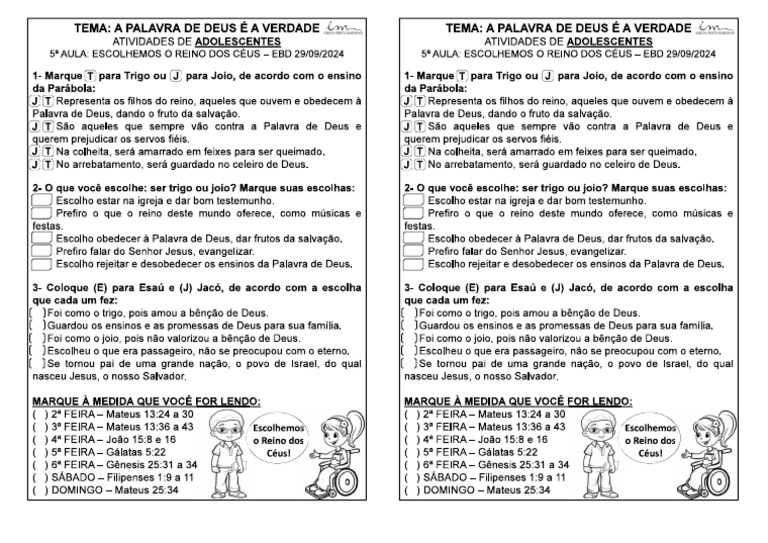 5a Aula - Atividade2 - ADO - A Palavra de Deus e A Verdade - Escolhemos o Reino Dos Ceus ...