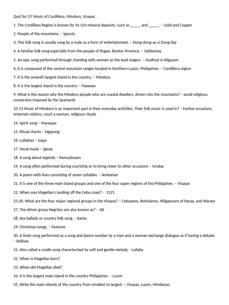 Quiz For G7 Music of Cordillera, Mindoro, Visayas | PDF | Travel