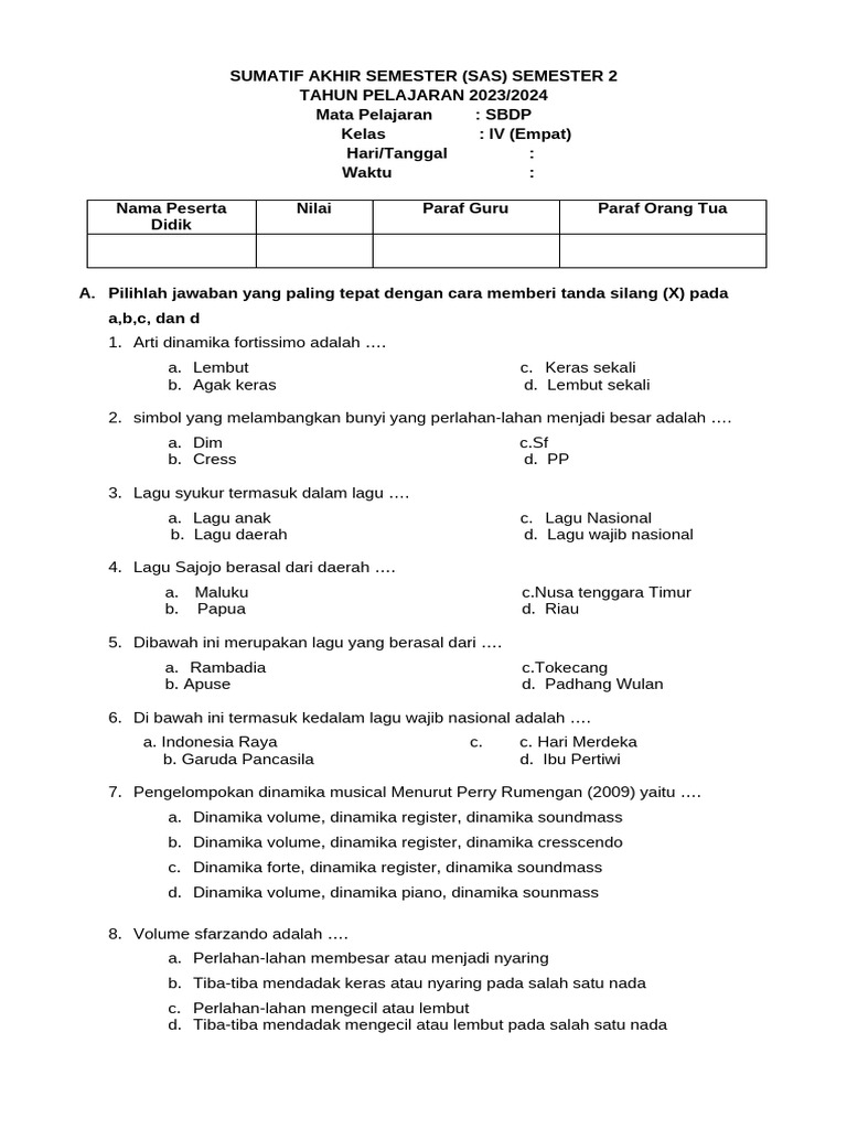 Soal Sas SBDP SMT 2 Kelas 4 | PDF