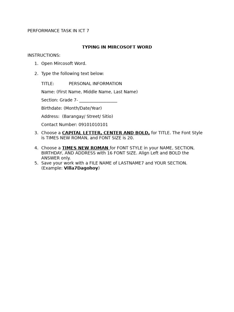 Performance Task in Ict 7 - Ms Word | PDF