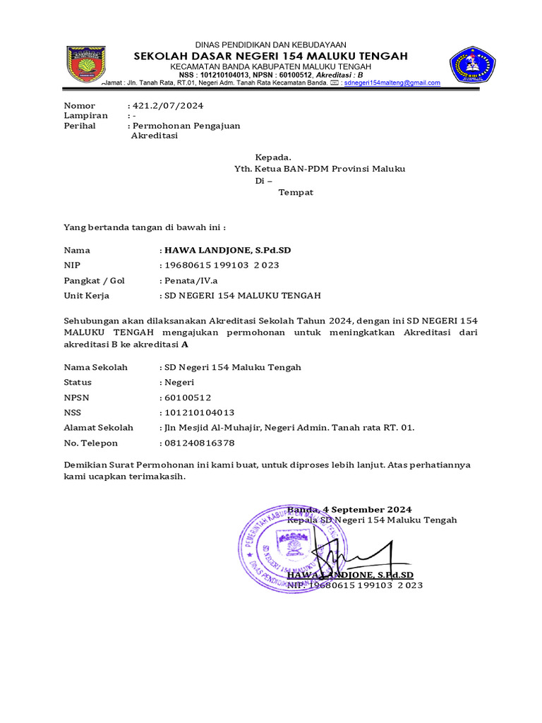 Surat Ajuan Formal Akreditasi Sekolah | PDF