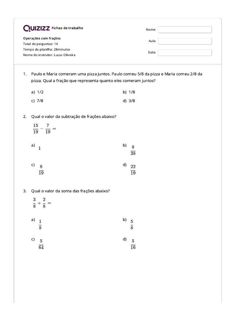 Operações Com Frações - Quizizz | PDF