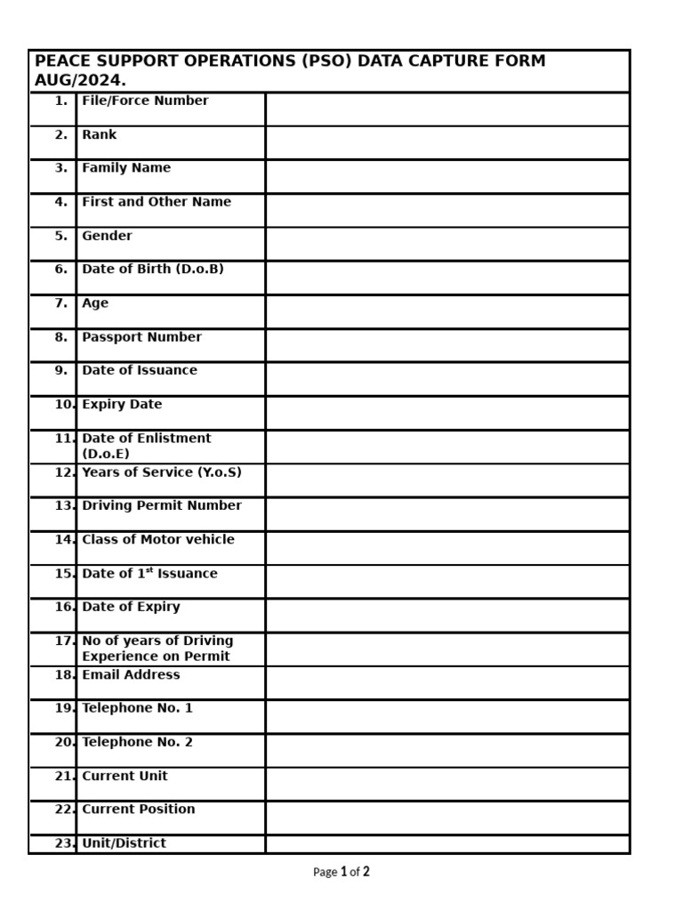 Peace Support Operations (Pso) Data Capture Form | PDF