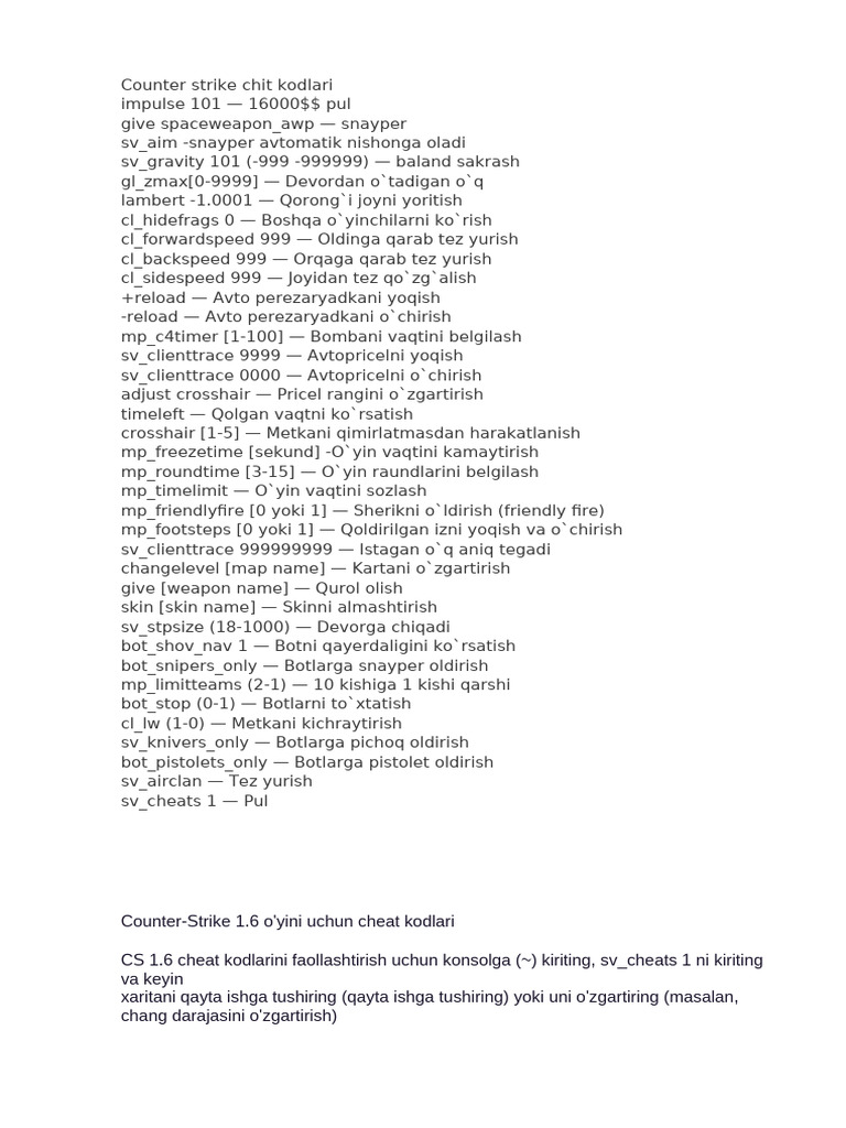 Counter Strike Chit Kodlari | PDF