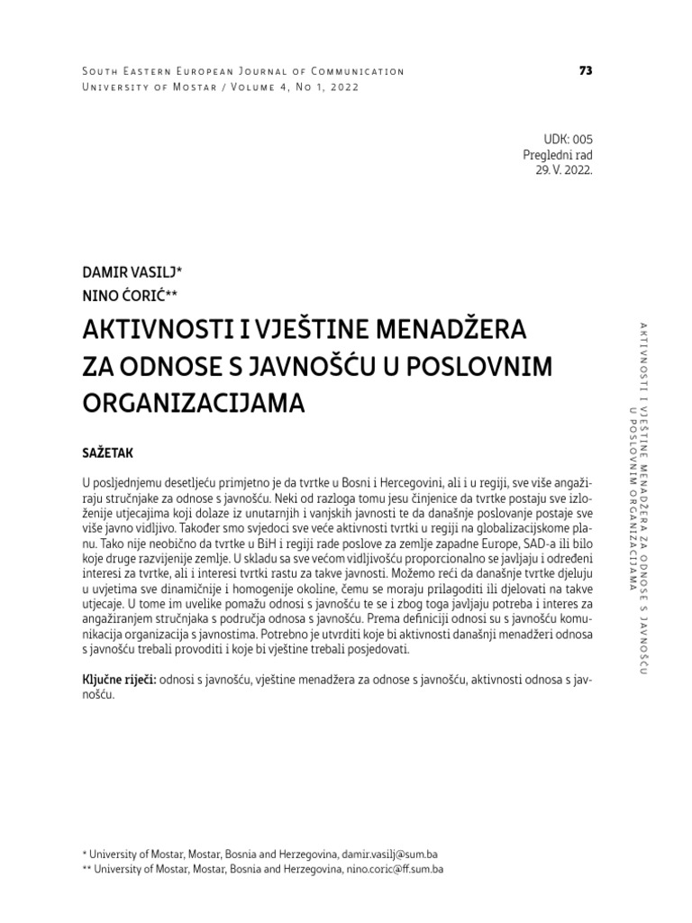 Aktivnosti I Vjestine Menadzera Za Odnos | PDF