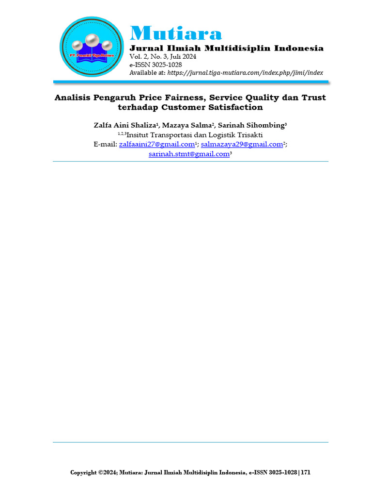 Mutiara: Analisis Pengaruh Price Fairness, Service Quality Dan Trust Terhadap Customer ...