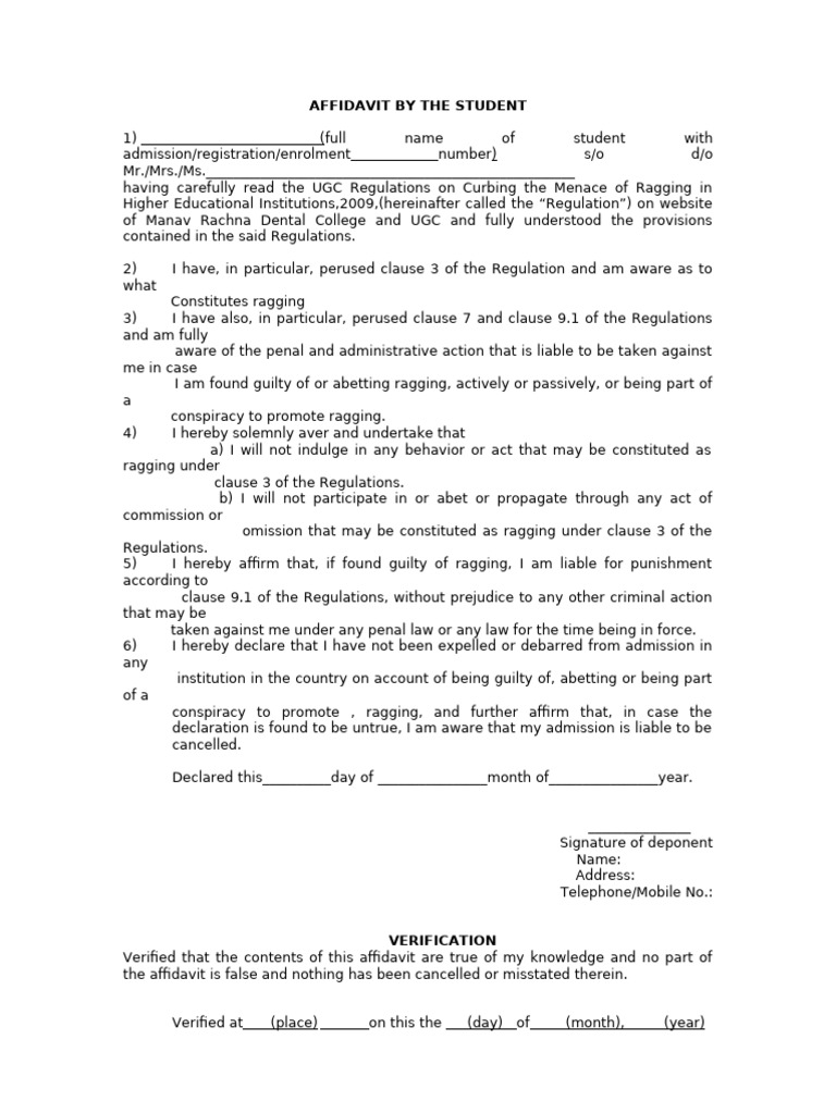 Affidavit From Student and Parent | PDF