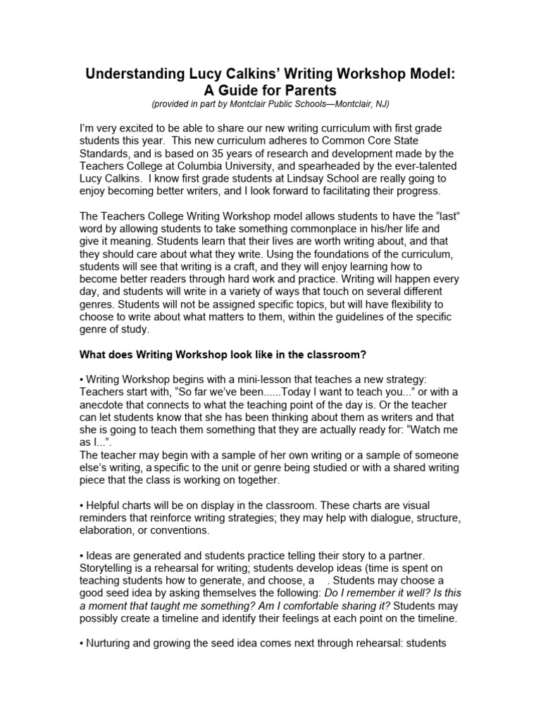 A Parents Guide To The Lucy Calkins Writing Workshop Model | PDF