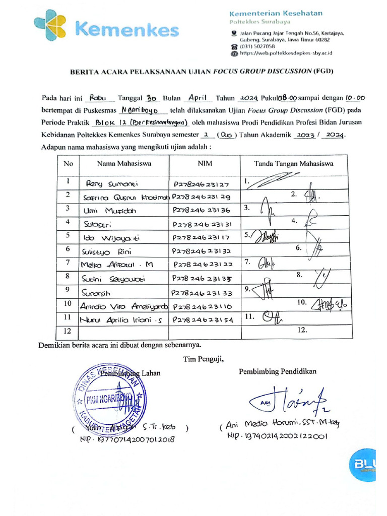 Berita Acara FGD, Mini CEX, BST Blok 12 | PDF