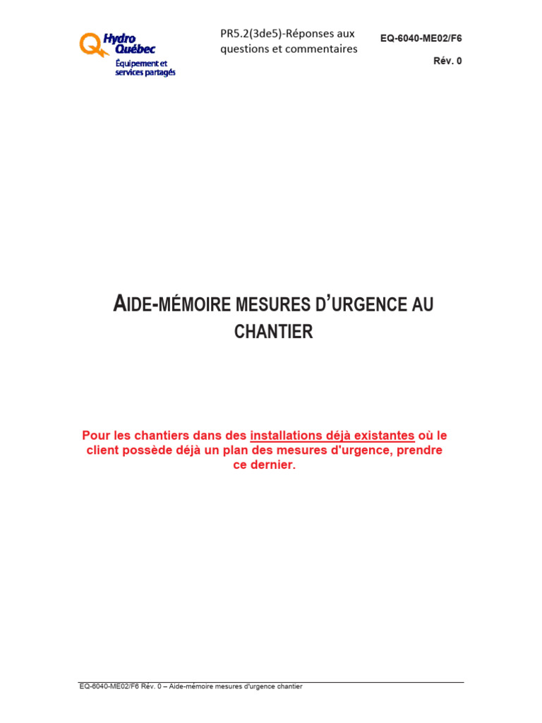 IDE Mémoire Mesures D Urgence Au Chantier: PR5.2 (3de5) - Réponses Aux Questions Et Commentaires ...