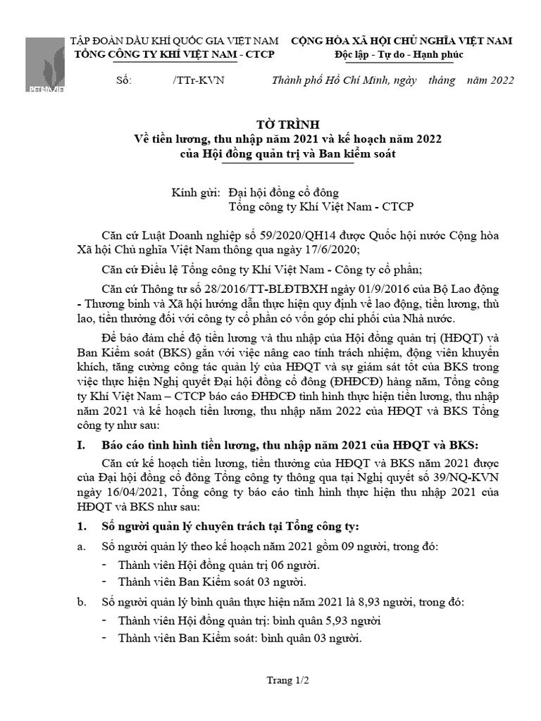 To Trinh Thuc Hien Thu Lao 2021 Va Ke Hoach 2022 | PDF