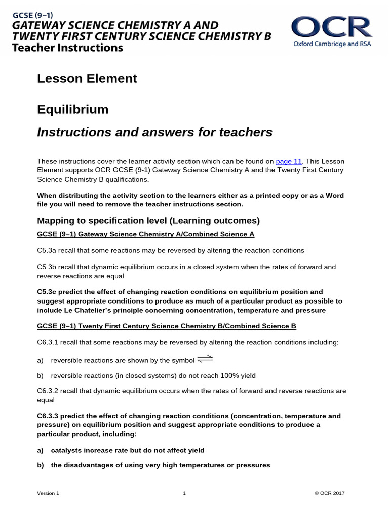 Equilibrium Lesson Element | PDF