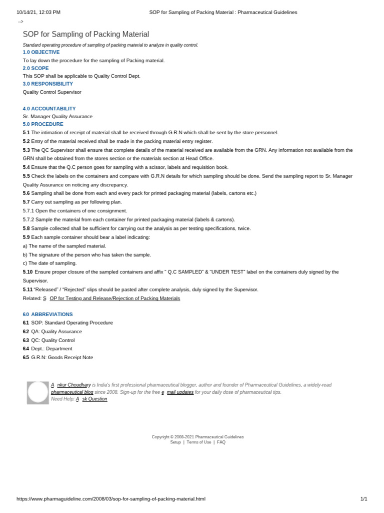 SOP For Sampling of Packing Material - Pharmaceutical Guidelines | PDF