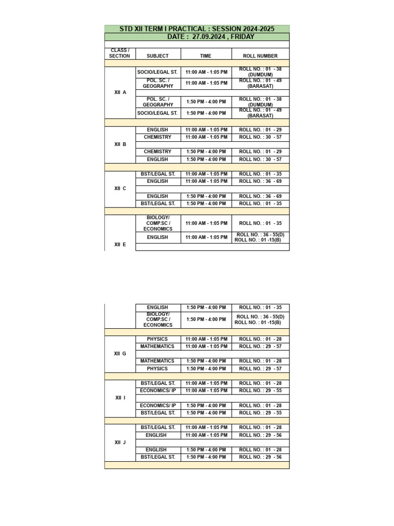 Revised Practical Schedule - Term I - 1 | PDF