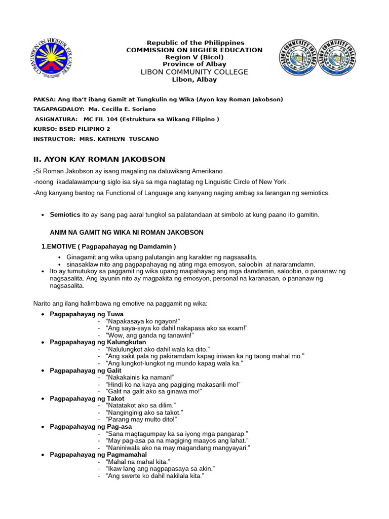 MC FIL 104 Week 2 Gamit at Tungkulin NG Wika Ayon Kay Roman Jakobson Soriano Ma. Cecilla | PDF