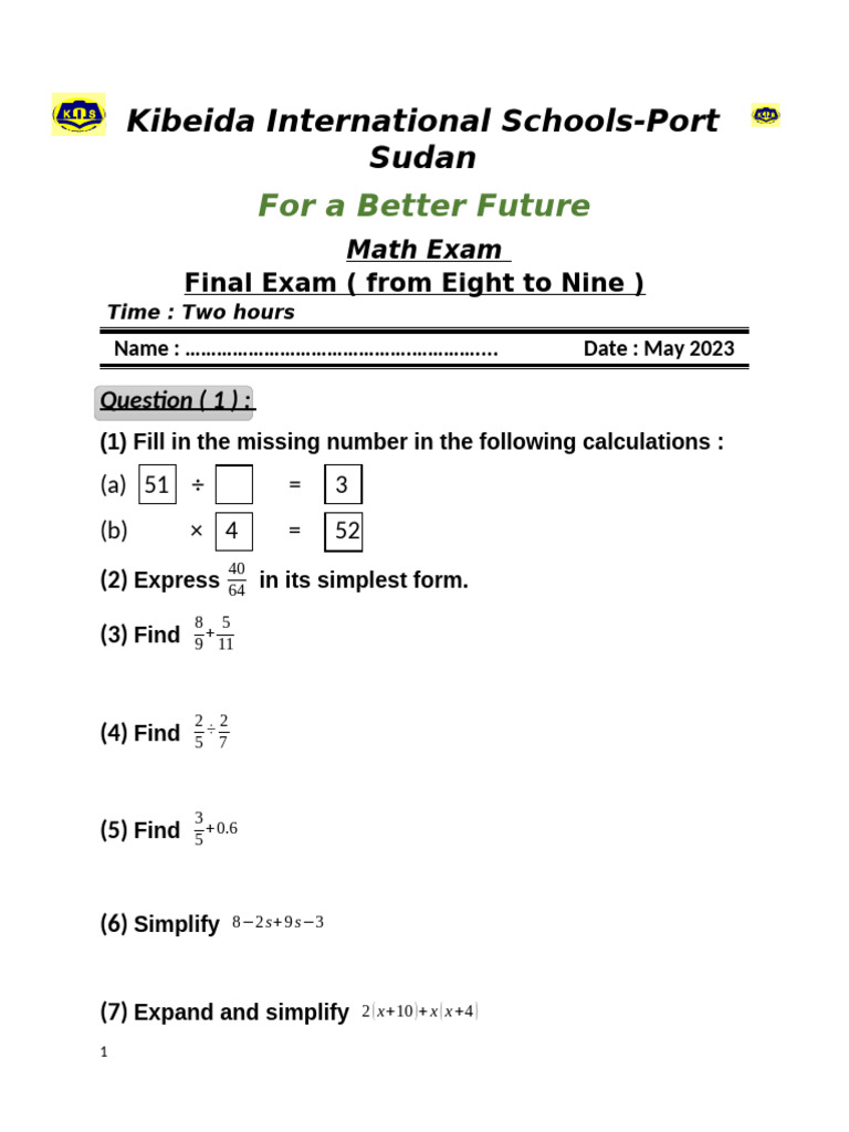Grade 8 Math Final Exam 2023 | PDF | Mathematics | Elementary Mathematics